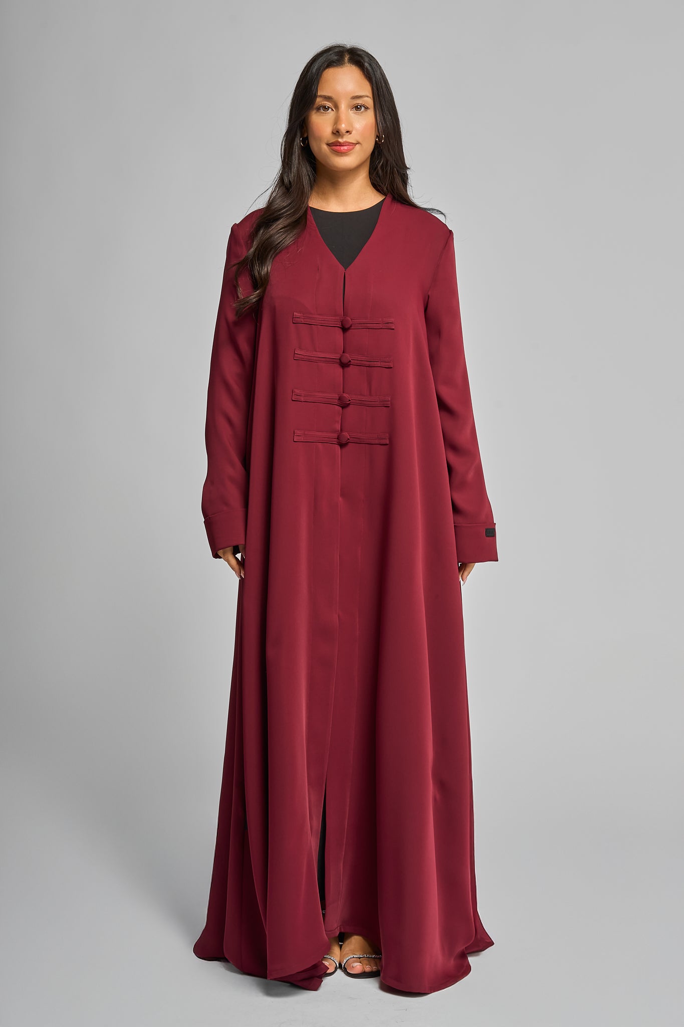 Elegant Maroon Abaya with Structured Front Panel Button Design – abay.com